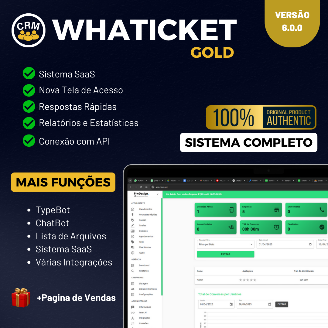 Script CRM WhaTicket Gold com SaaS e Kanban Inclusos – Clube Vip PlwDesign